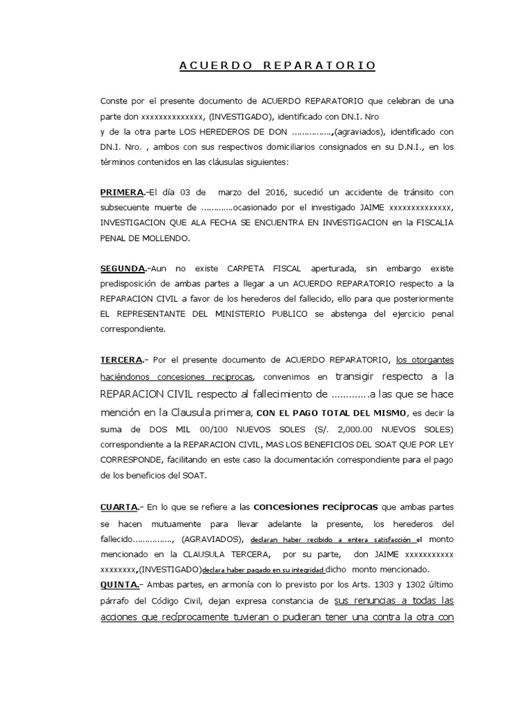 Modelo de Acuerdo Reparatorio | PDF | Justicia | Crimen y violencia Modelo de Acuerdo Reparatorio | PDF | Justicia | Crimen y violencia