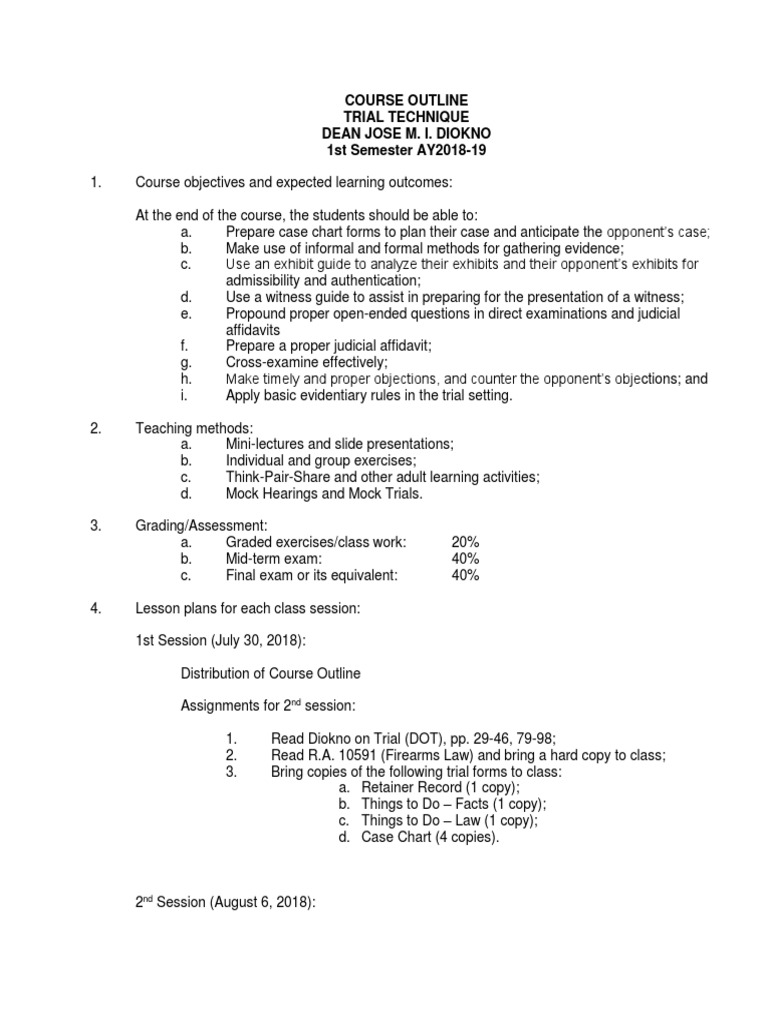 Dean Diokno - COURSE OUTLINE TRIAL TECHNIQUE | PDF | Cross Examination ...