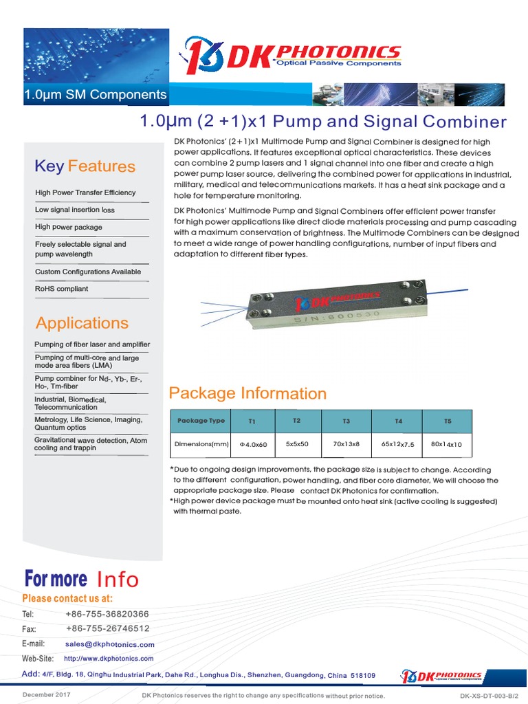 1um (2+1) x1 Multimode Pump and Signal Combiner | PDF | Photonics | Optical Fiber