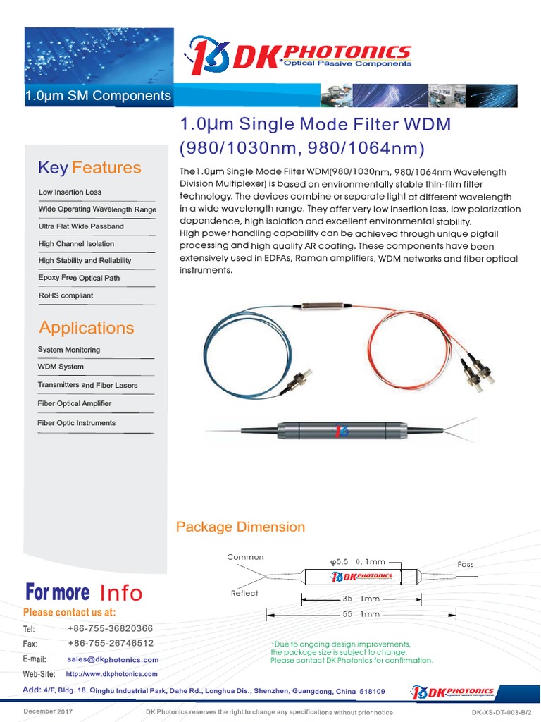 980 - 1064nm Single Mode Filter WDM | PDF | Wavelength Division Multiplexing | Optical Fiber