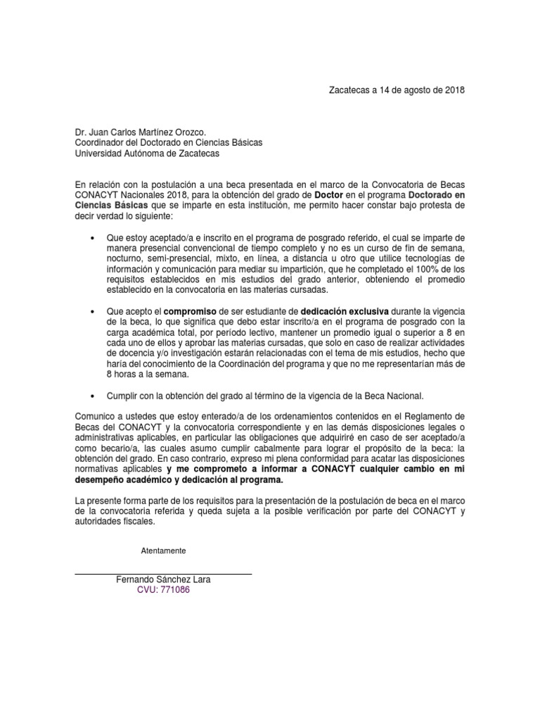 Carta Compromiso de Dedicacion Exclusiva 2018 Feb | PDF | Doctorado ...
