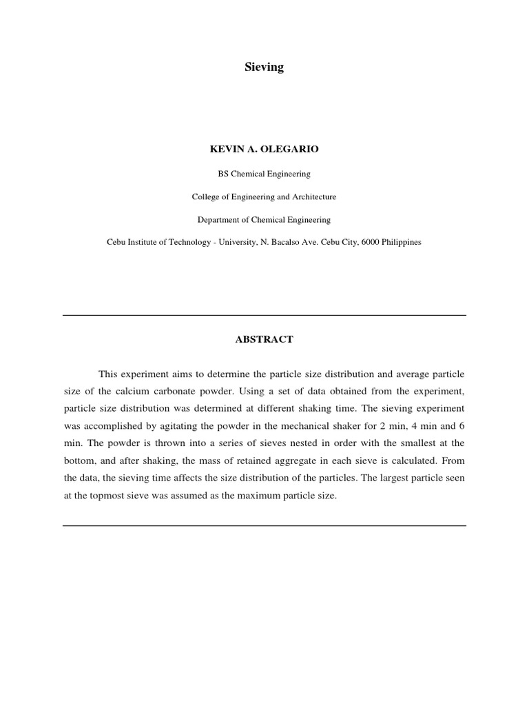 Sieving: Kevin A. Olegario | PDF | Particle Size Distribution | Physics