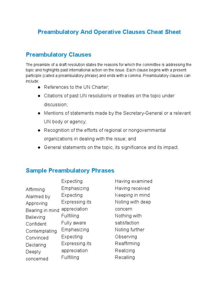 Preambulatory and Operative Clauses Cheat Sheet | PDF | United Nations ...