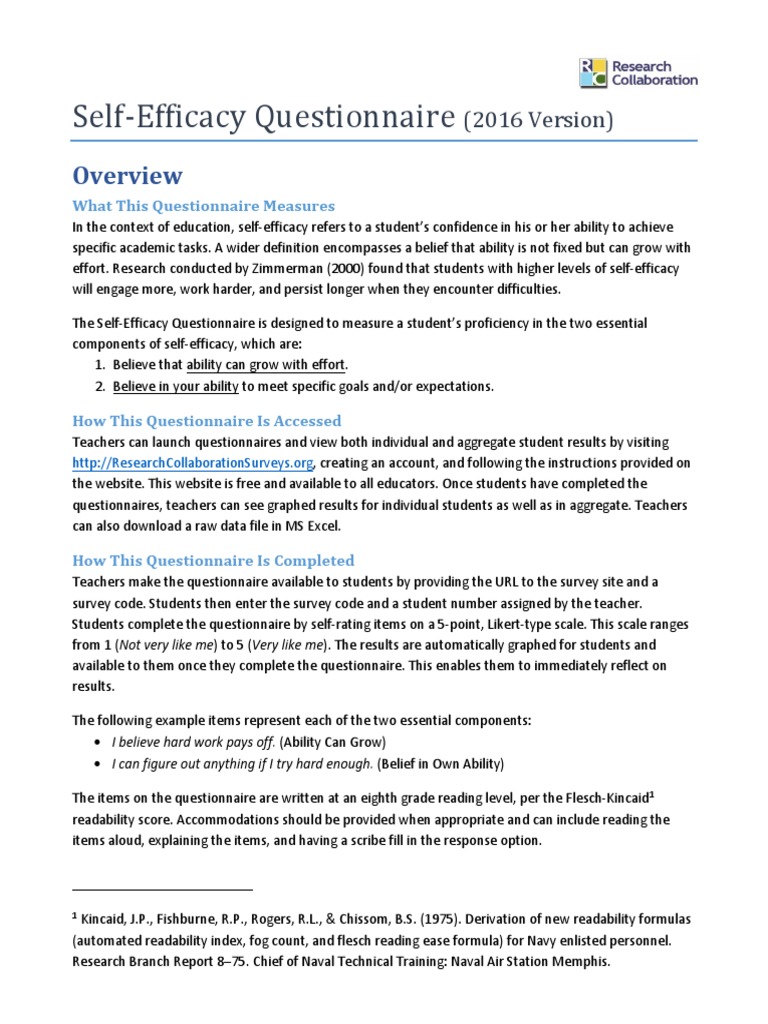 Student Self-Efficacy Questionnaire | PDF | Self Efficacy | Cronbach's ...