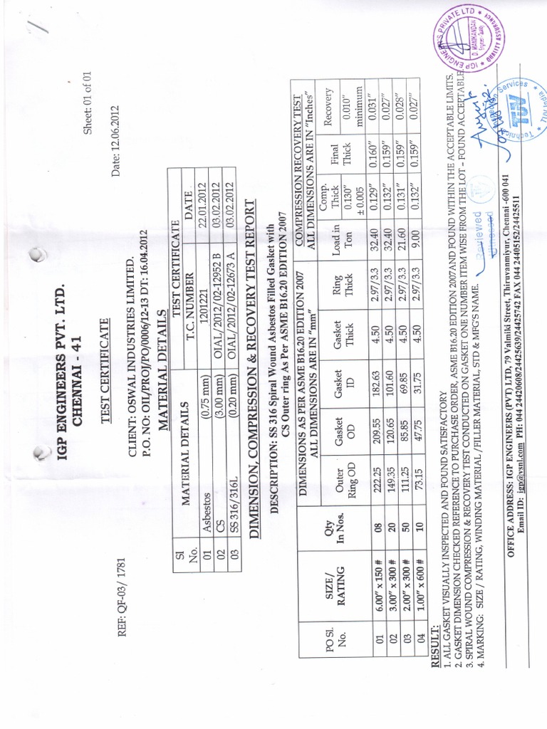 Test Certificate-Gaskets PDF | PDF