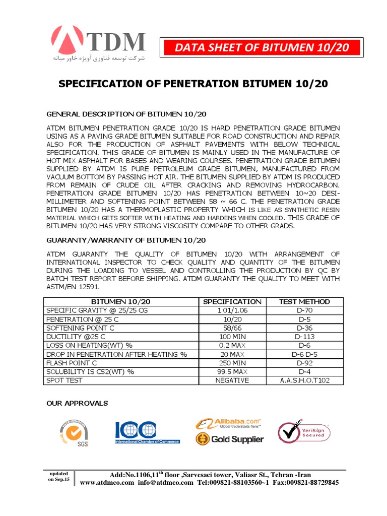 Data Sheet of Bitumen 10/20 | PDF | Asphalt | Hydrocarbons
