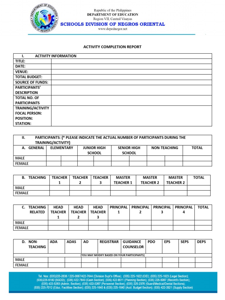 Activity Completion Report Template | PDF | Behavior Modification ...