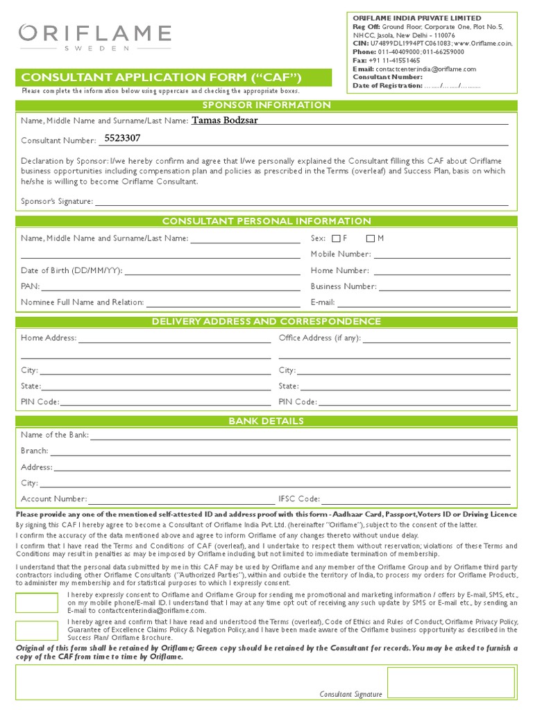 Oriflame Consultant Application Form | PDF | Personally Identifiable ...