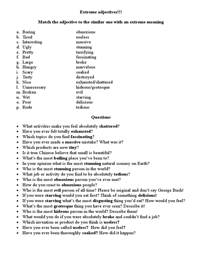 Extreme Adjectives!!! Match The Adjective To The Similar One With An ...