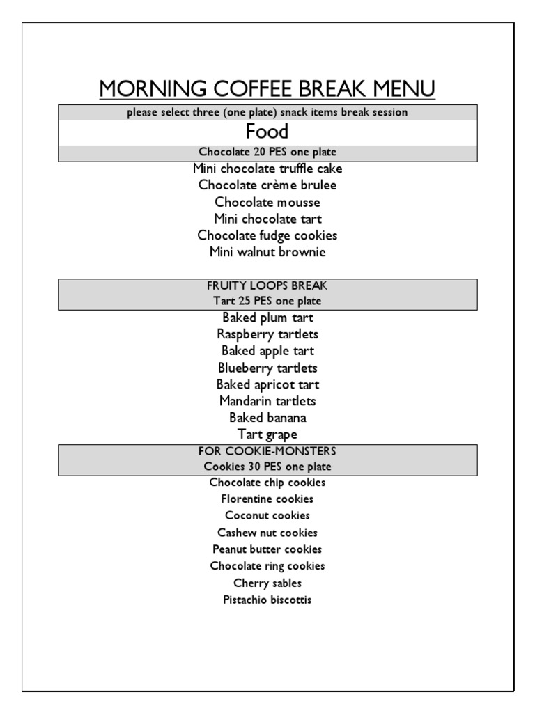 Coffee Break Menu 1 | PDF | Milkshake | Desserts