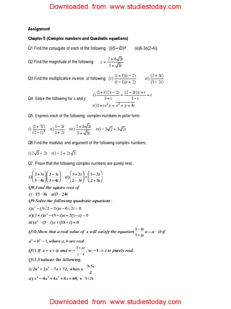 CBSE Class 11 Assignment For Complex Numbers and Quadratic Equations PDF | Download Free PDF ...