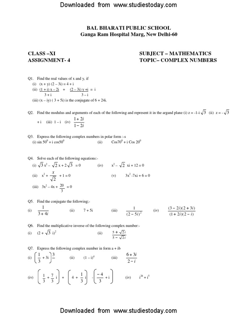 Class 11 Complex Numbers Assignment | PDF | Complex Number | Abstract Algebra