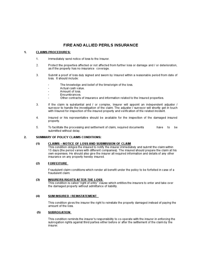 Fire and Allied Perils Insurance: 1. Claims Procedures | PDF ...