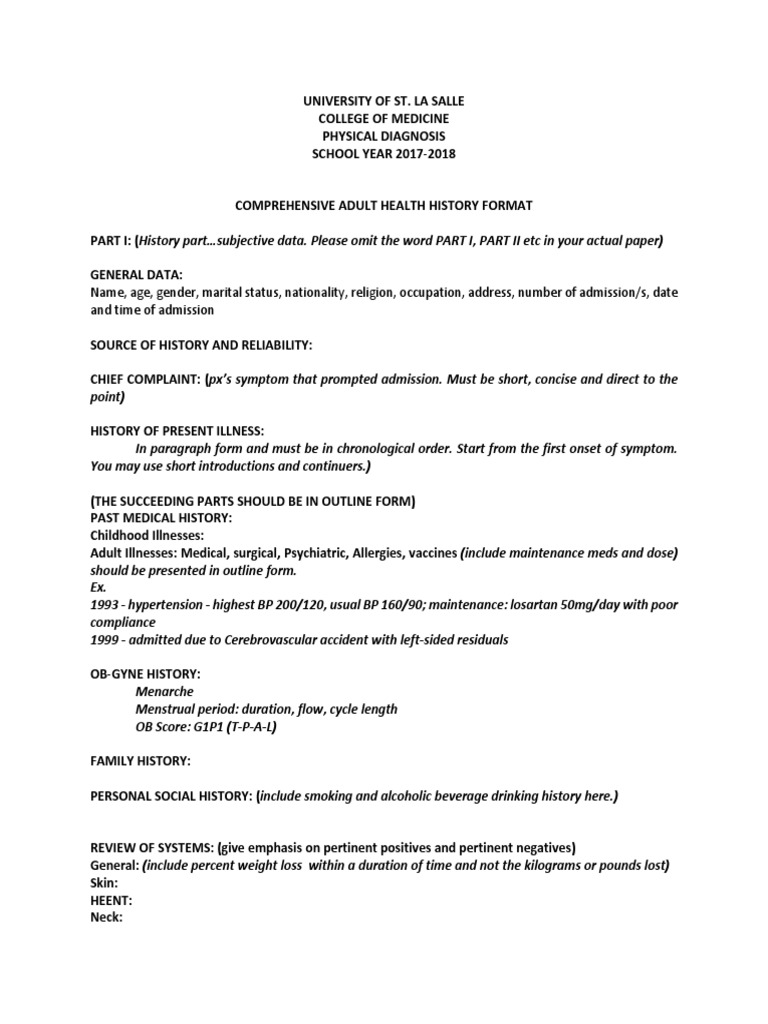 Comprehensive Adult Health History Template | PDF | Physical ...
