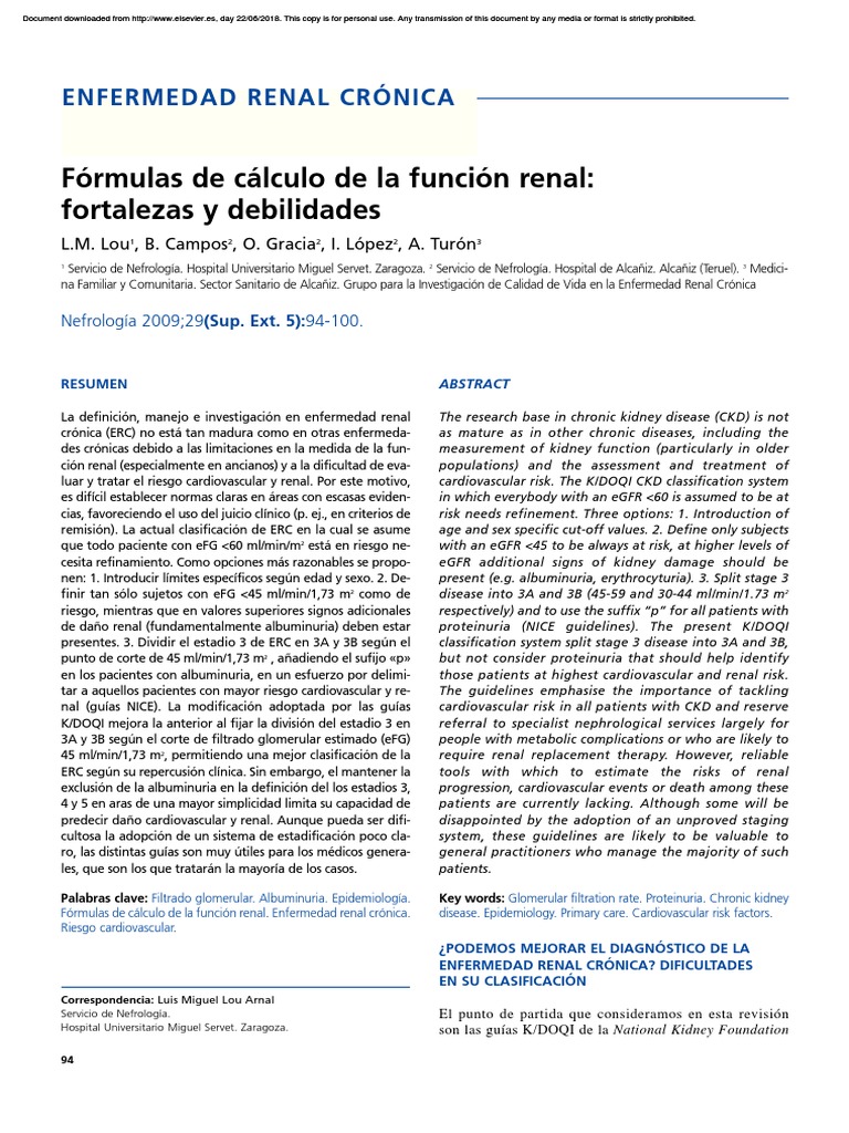 Fórmulas de Cálculo de La Función Renal | PDF | Creatinina | Diabetes ...