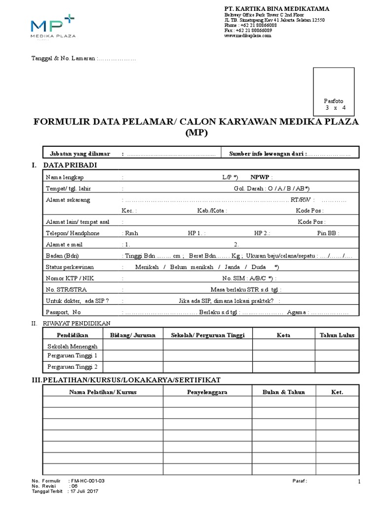 FM-HC-002 - 03 Formulir Data Pelamar Dan Calon Karyawan (MP) | PDF