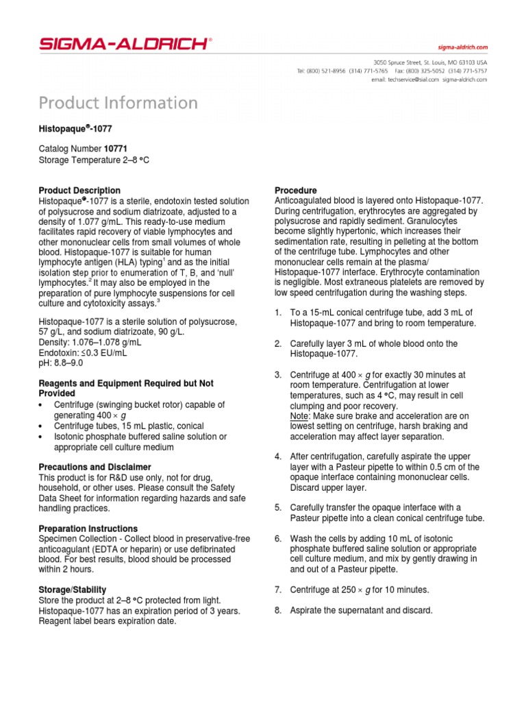 Histopaque - 1077 | PDF | Centrifuge | Lymphocyte