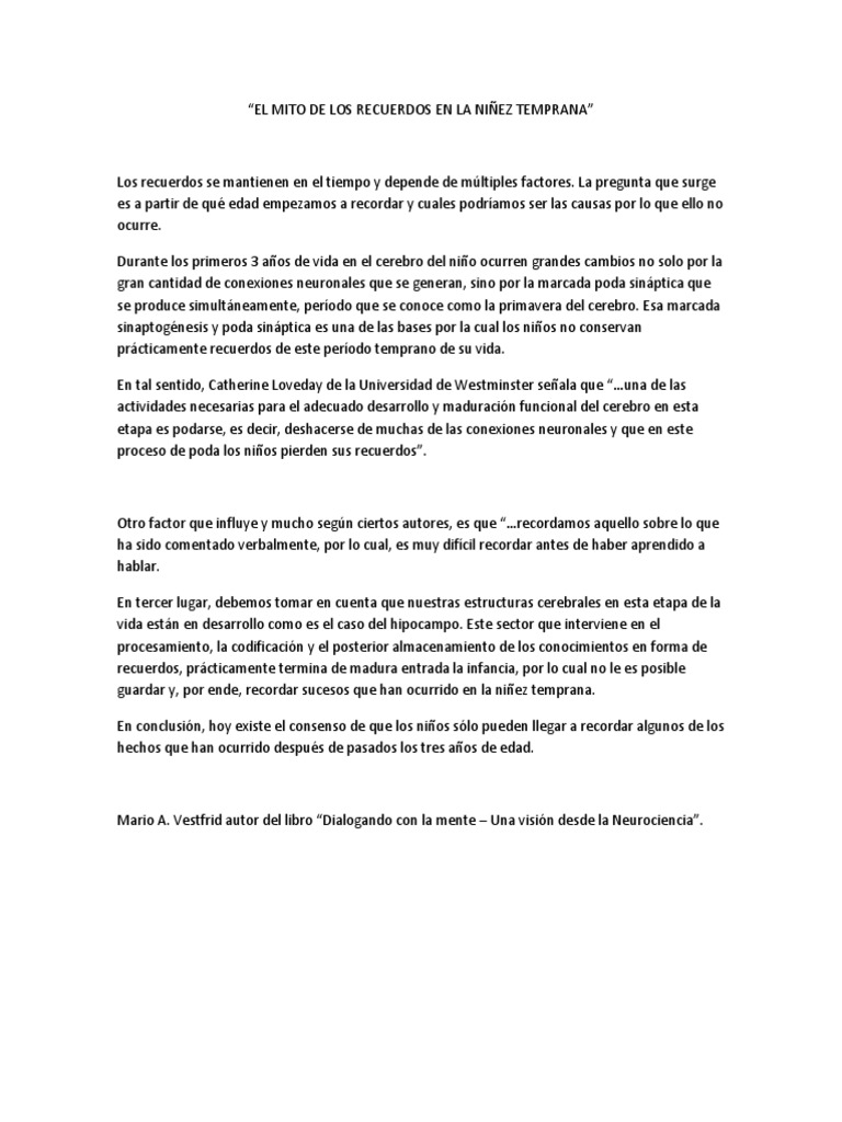 El Mito de Los Recuerdos en La Niñez Temprana | PDF