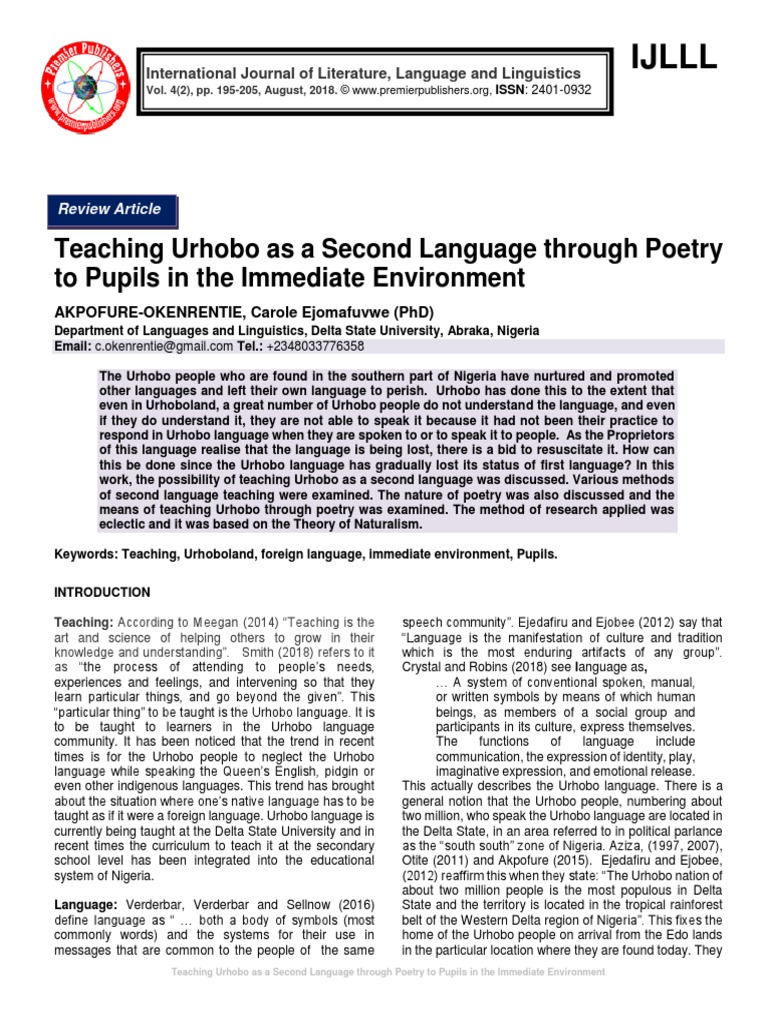 Teaching Urhobo As A Second Language Through Poetry To Pupils in The ...