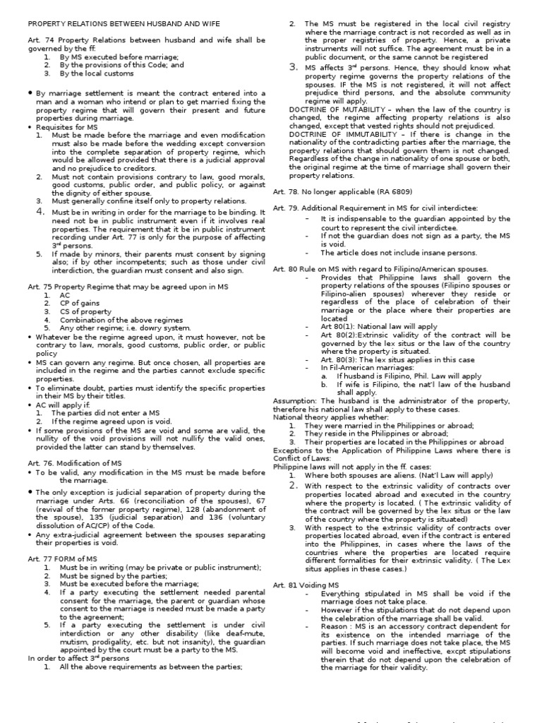 Property Relations Between Husband and Wife (Notes) | PDF | Marriage ...