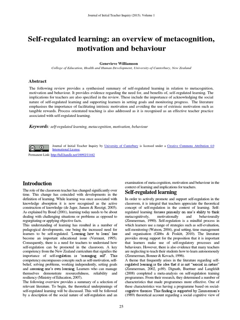 Self-Regulated Learning An Overview of Metacognition, Motivation and ...