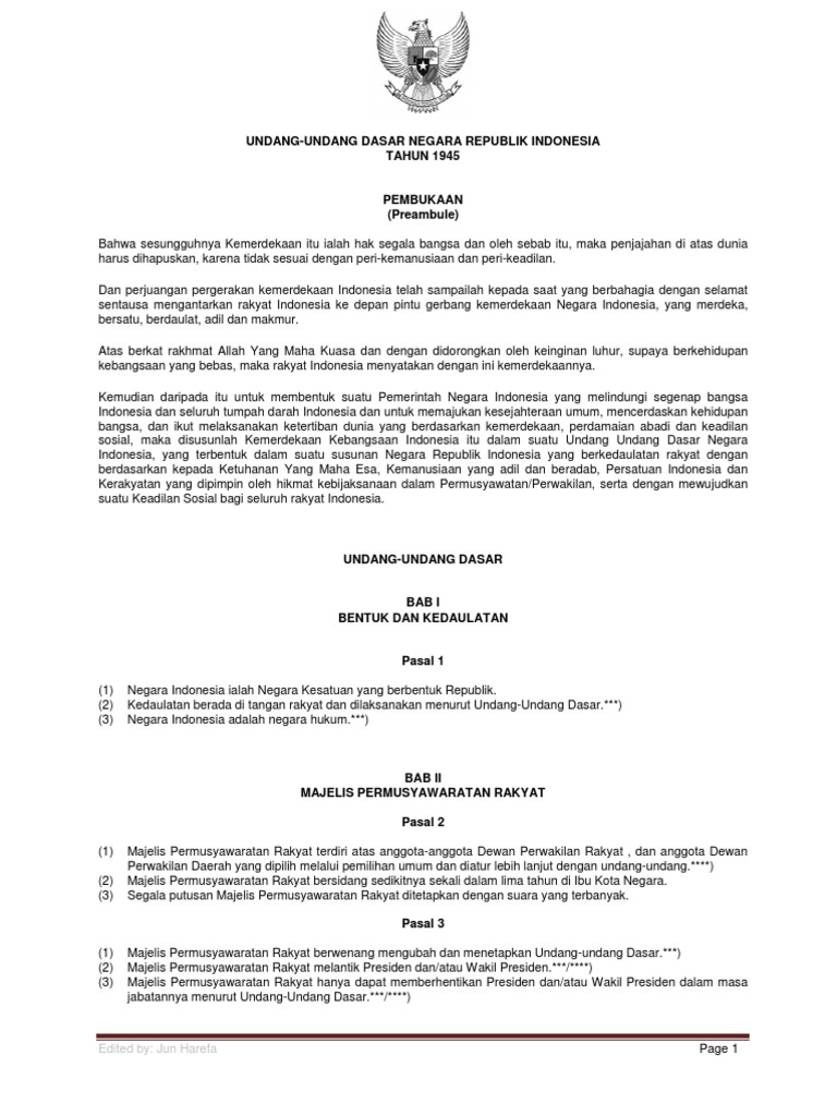 Naskah Asli UUD 1945 NKRI Dan Amandemen I Sampai IV - Fix | PDF