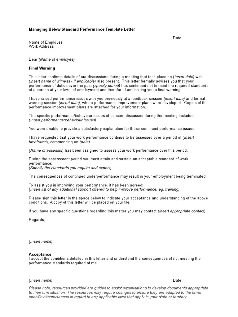 Performance Improvement Letter - Final Warning | PDF | Confidentiality ...