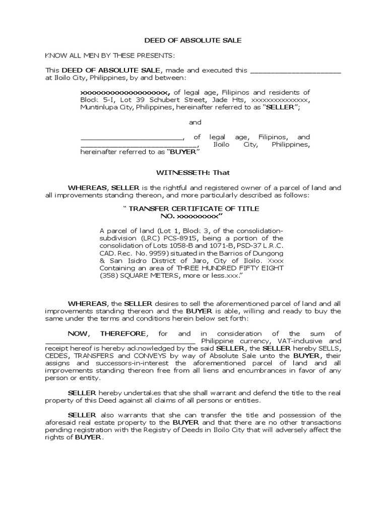 Sample Deed of Sale | PDF | Deed | Urban