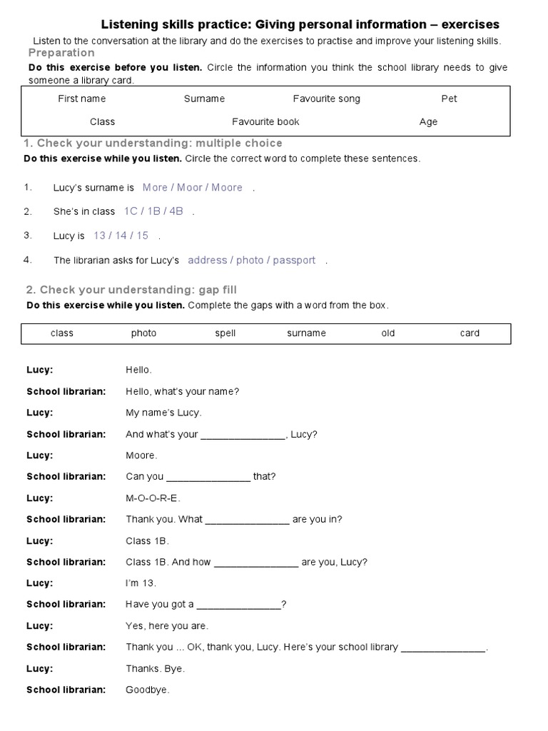 Listening Skills Practice: Giving Personal Information - Exercises ...