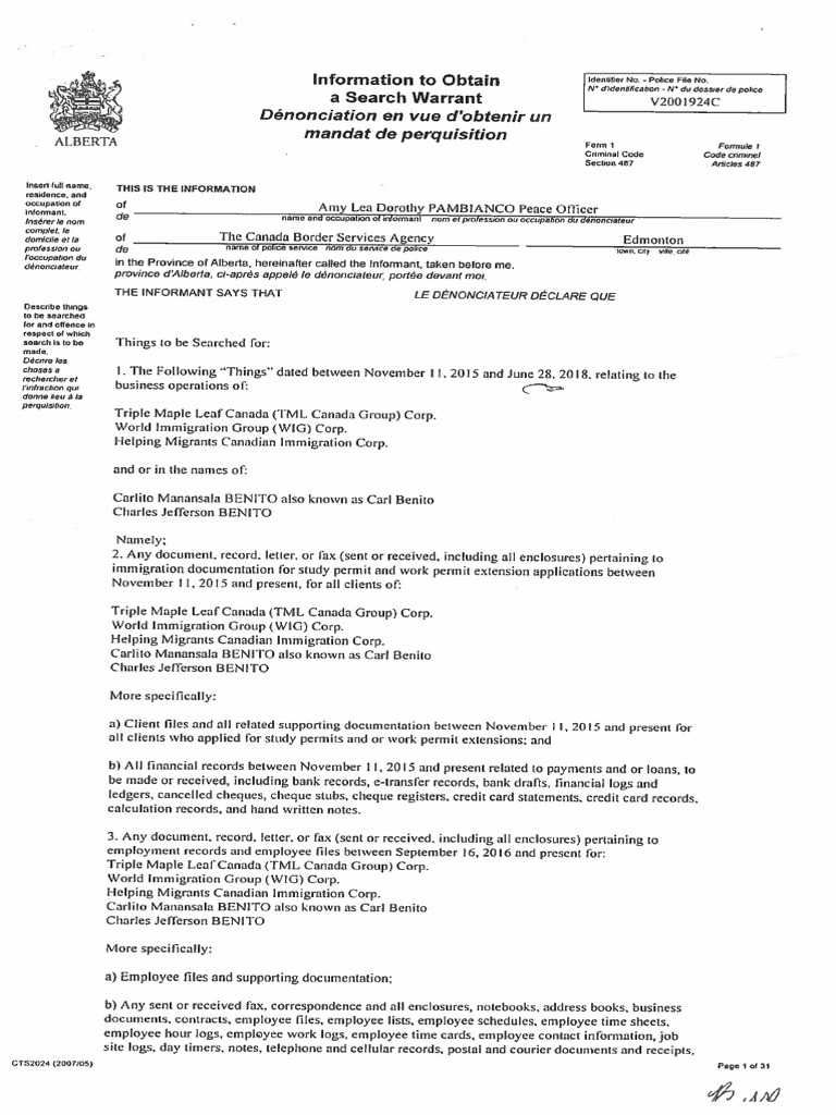 Information To Obtain Warrant in Carl Benito Case | PDF