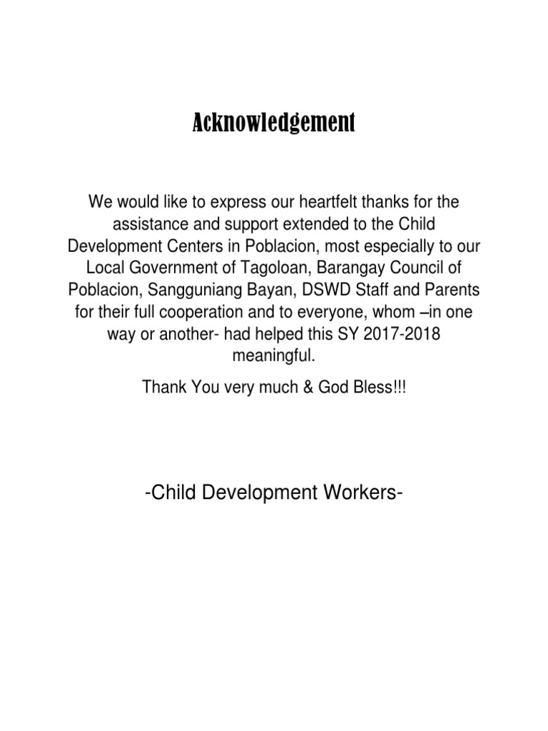 Acknowledgement: - Child Development Workers | PDF