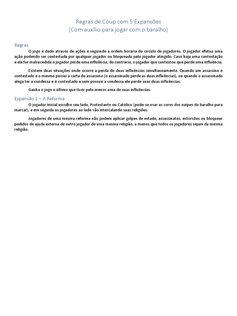 Coup Regras | PDF | Cartas de baralho | Lazer