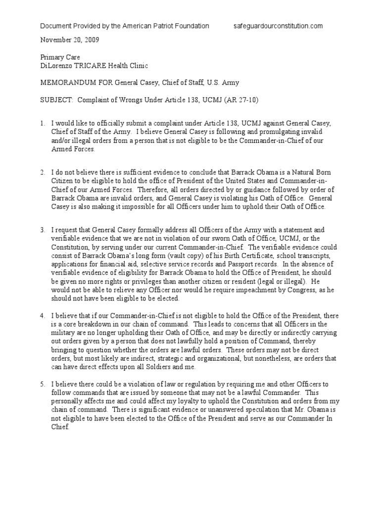 Lakin Article 138 Letter to Casey 20 November 2009 | Commander In Chief ...