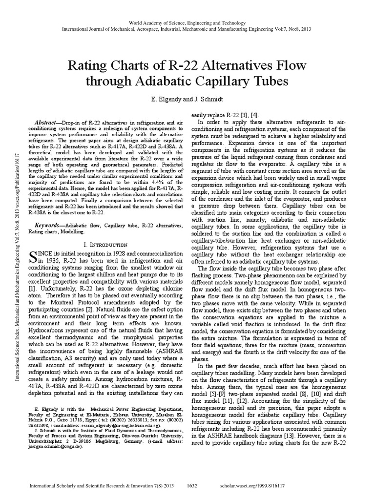 Rating Charts of R-22 Alternatives Flow Through Adiabatic Capillary ...