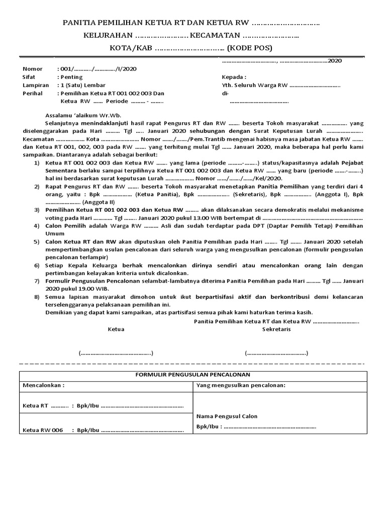 Contoh Format Surat Undangan Dan Pemberitahuan Pemilihan Ketua RT Dan Ketua RW Dari Panitia ...