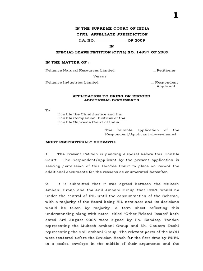 RIL's Application To File Additional Documents | PDF | Affidavit | Judiciaries