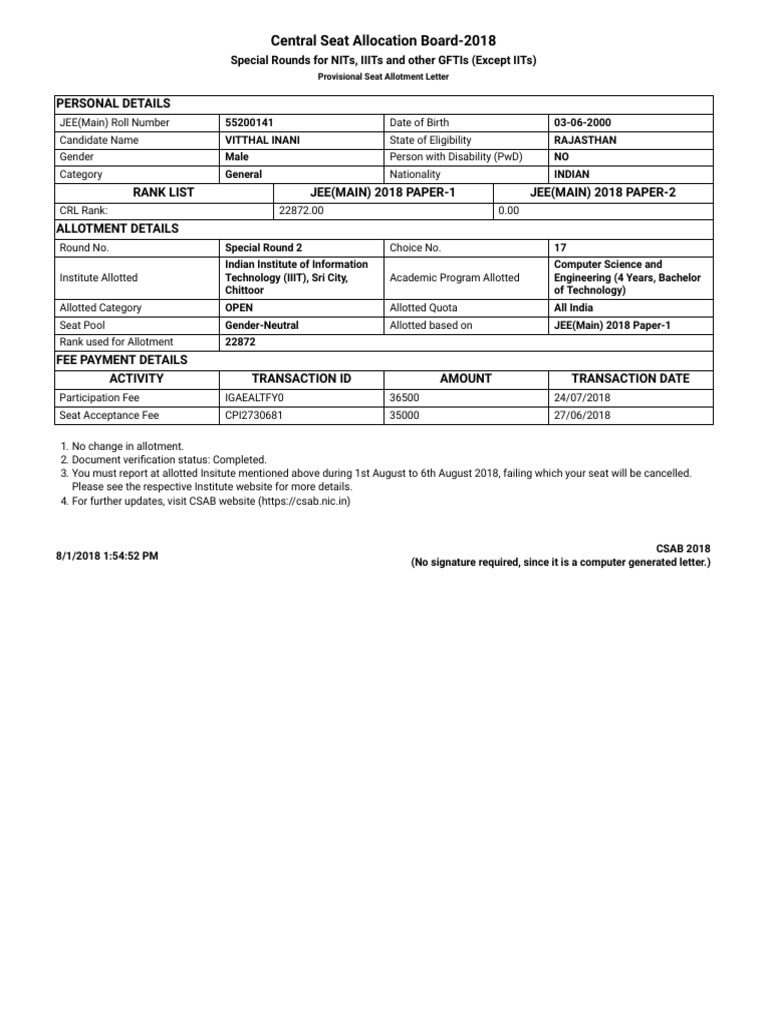 Central Seat Allocation Board-2018: Personal Details | PDF | Business