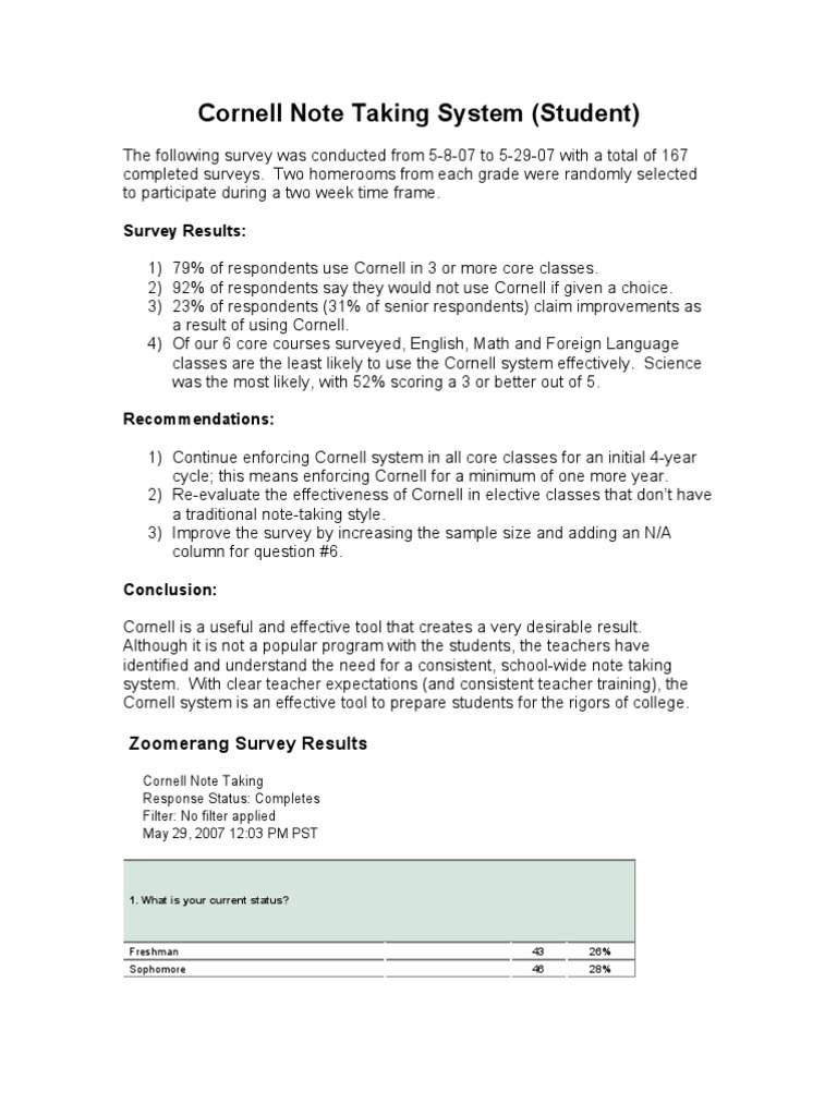Cornell Note Taking System Survey Results 2007 | PDF | Curriculum ...