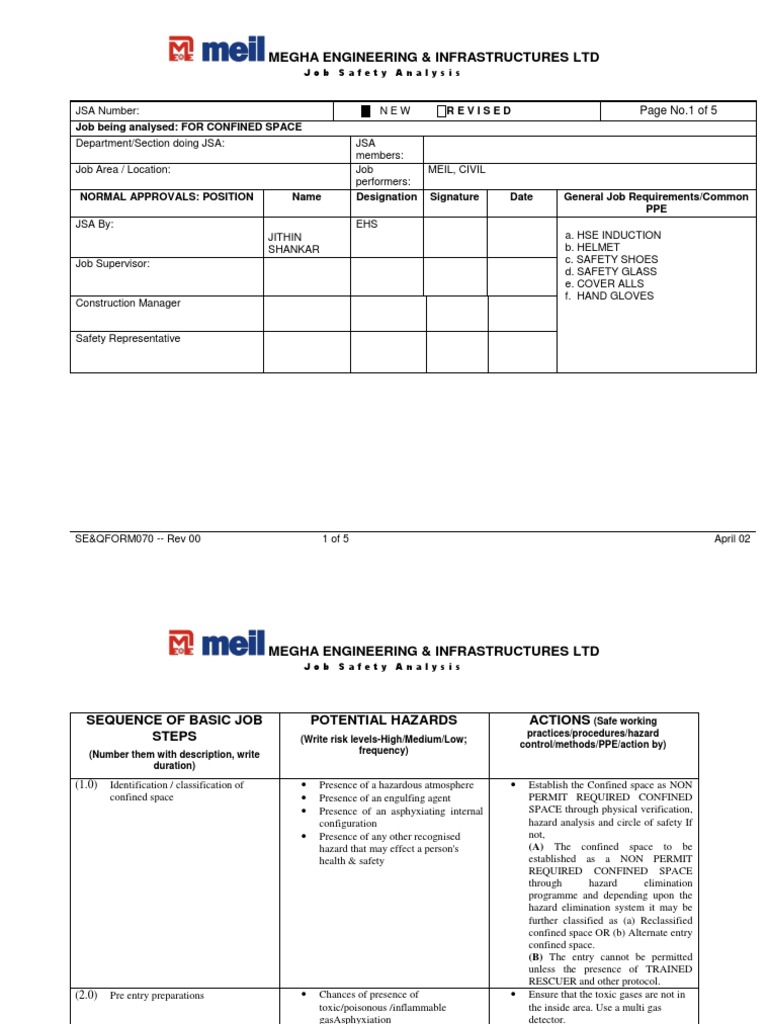 Jsa for Confined Space | Occupational Safety And Health | Safety | Free ...