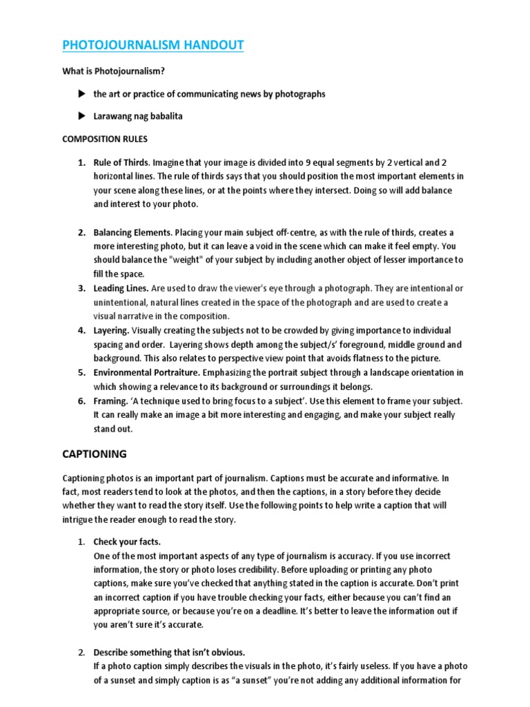 Photojournalism Handout | PDF | Composition (Visual Arts) | Communication