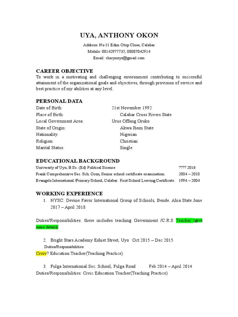 Uya, Anthony Okon: Career Objective | PDF | Wellness