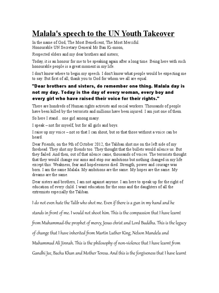 Declamation Speech UN 1 | Download Free PDF | Malala Yousafzai | Violence