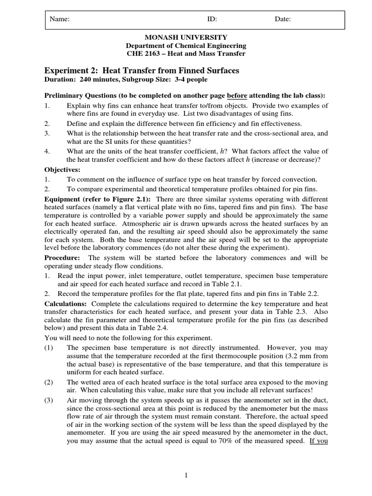 Experiment 2: Heat Transfer From Finned Surfaces | PDF | Heat Transfer ...