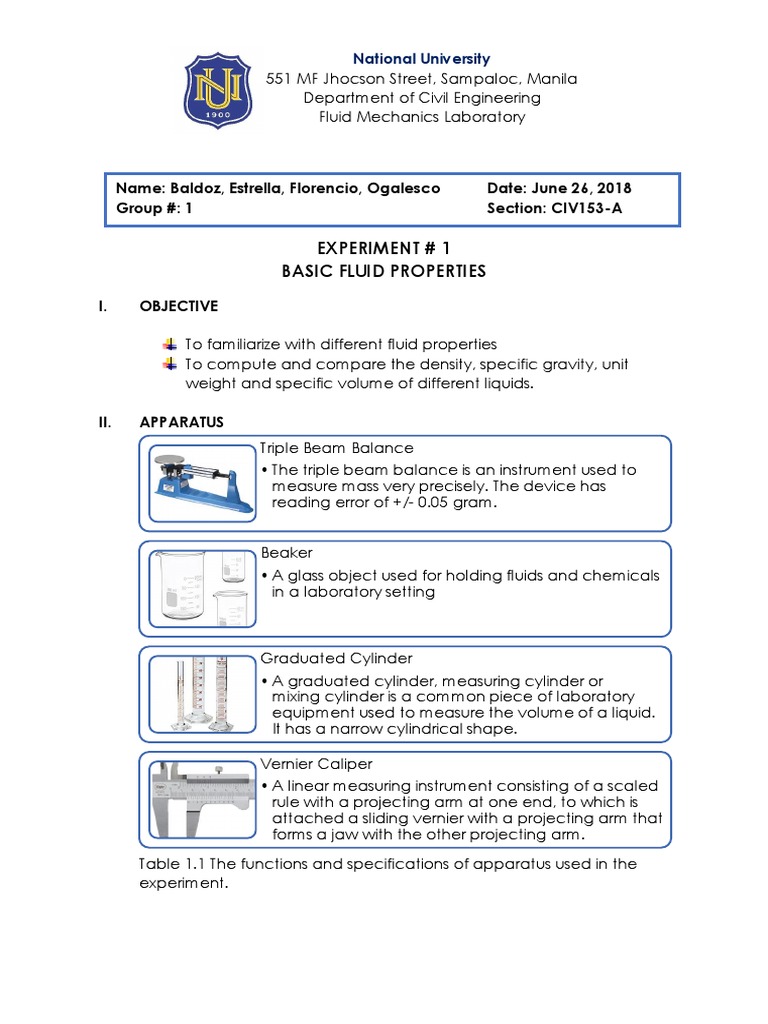 Exp 1 - Basic Fluid Properties | PDF | Density | Weighing Scale