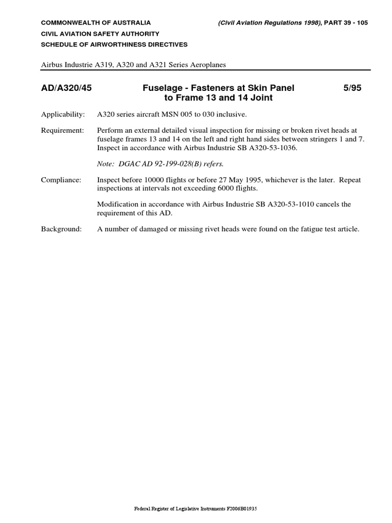 AD/A320/45 Fuselage - Fasteners at Skin Panel To Frame 13 and 14 Joint ...