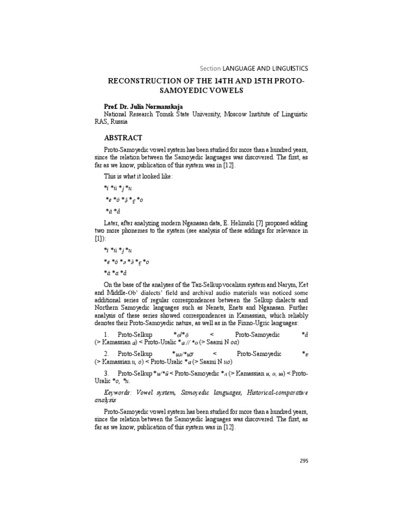 Reconstruction of The 14th and 15th Proto-Samoyedic Vowels | PDF ...