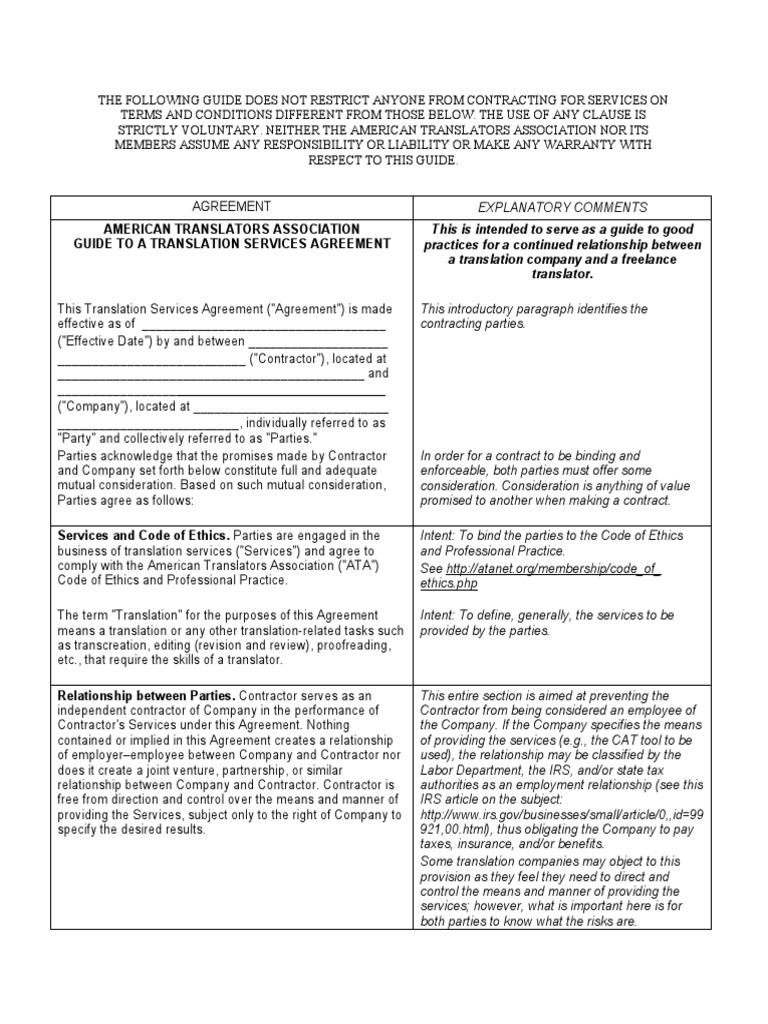 Translation Agreement (ATA) | PDF | Indemnity | Independent Contractor