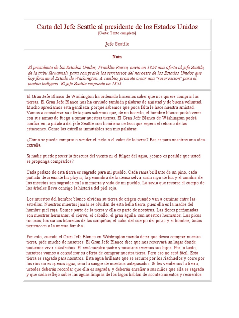 Carta Del Jefe Seattle Al Presidente | PDF