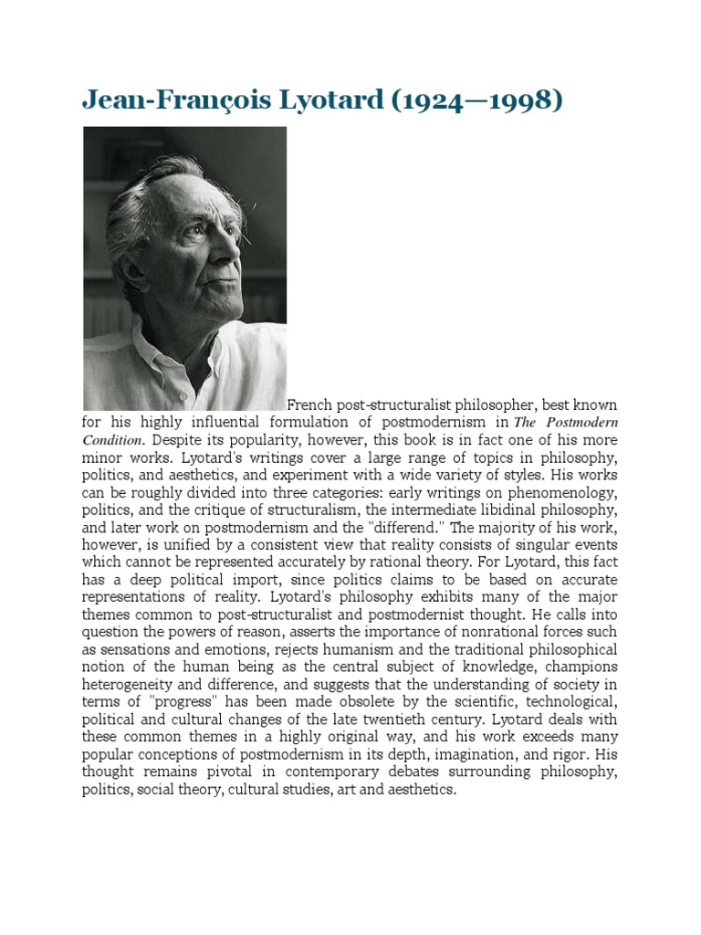 Jean-François Lyotard: Postmodern Thinker | PDF | Jean François Lyotard ...