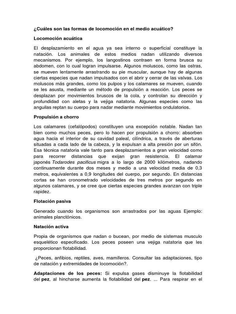 Cuáles Son Las Formas de Locomoción en El Medio Acuático | PDF ...